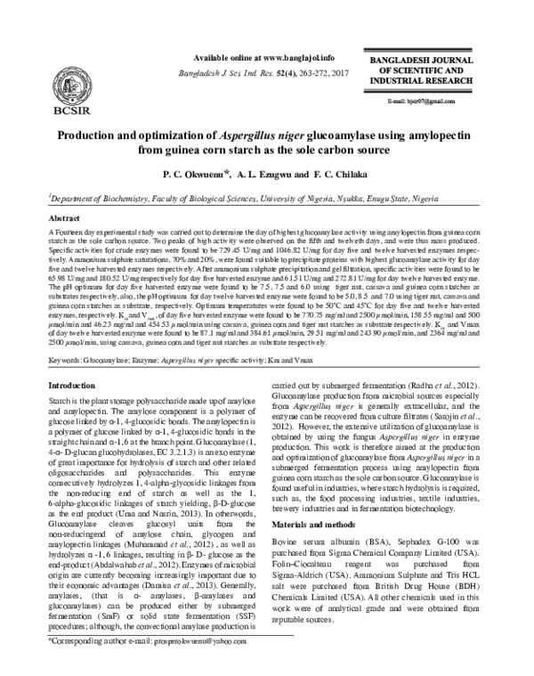 (PDF) Production and optimization of Aspergillus niger glucoamylase ...
