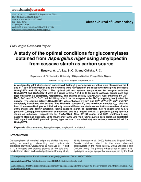 (PDF) A study of the optimal conditions for glucoamylases obtained from Aspergillus niger using ...