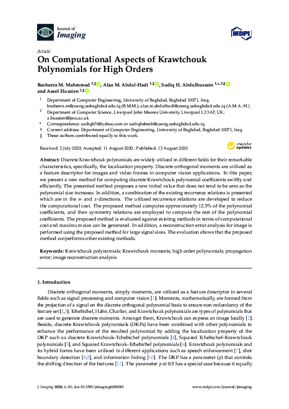 (PDF) On Computational Aspects of Krawtchouk Polynomials for High Orders | Aseel Hussien ...