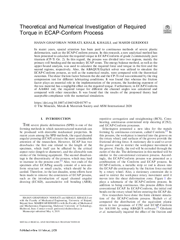 (PDF) Theoretical and Numerical Investigation of Required Torque in ECAP-Conform Process