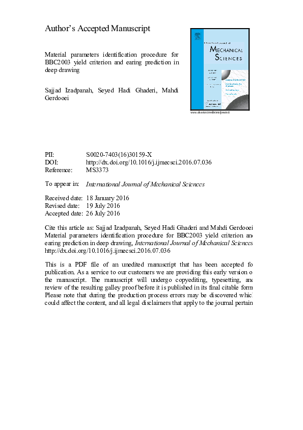 (PDF) Material parameters identification procedure for BBC2003 yield ...