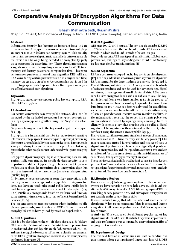 (PDF) Comparative Analysis Of Encryption Algorithms For Data Communication