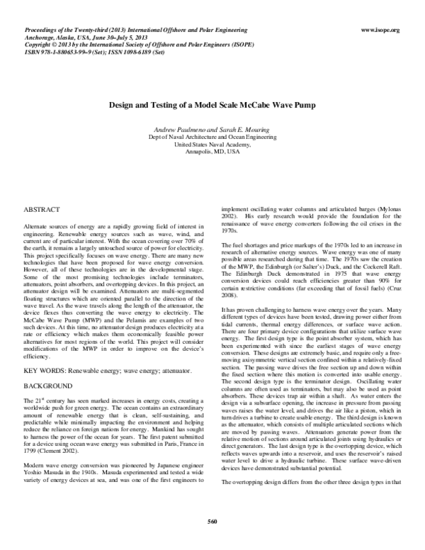 (PDF) Design and Testing of a Model Scale McCabe Wave Pump