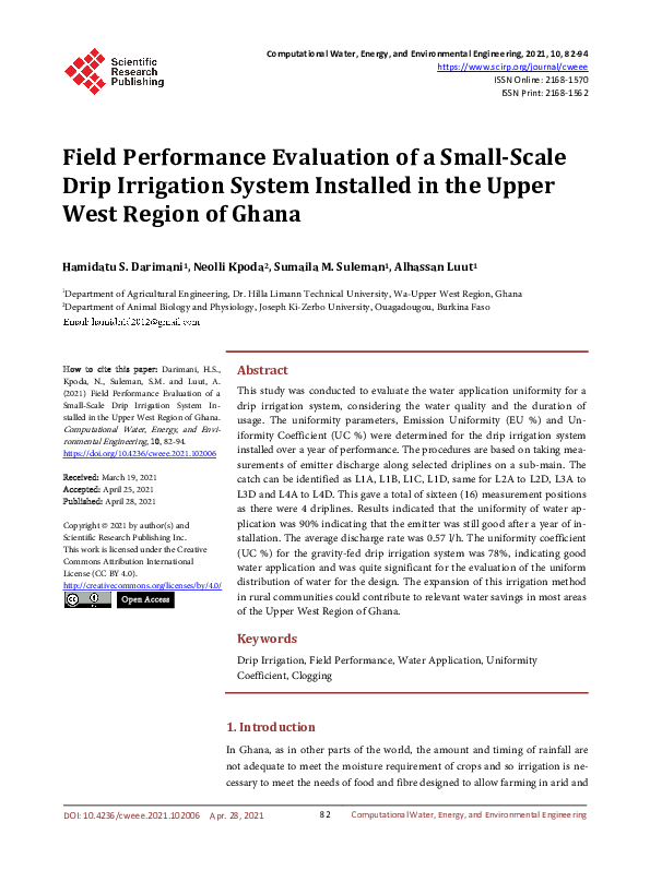 (PDF) Field Performance Evaluation of a Small-Scale Drip Irrigation System Installed in the ...