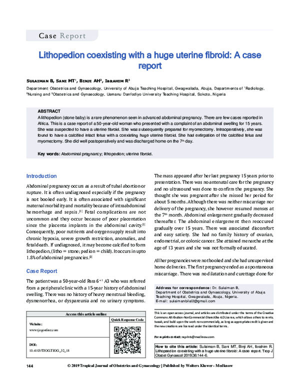 (PDF) Lithopedion coexisting with a huge uterine fibroid: A case report