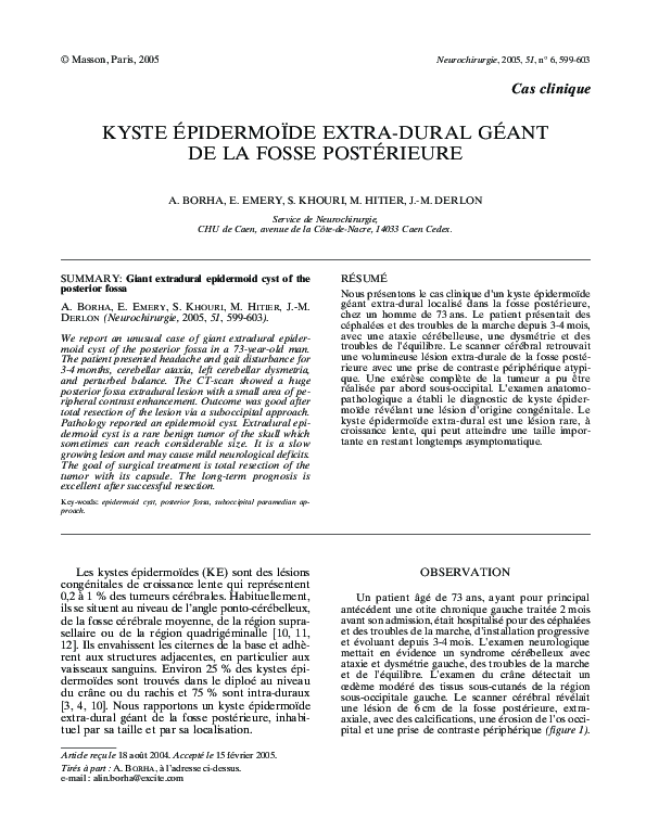 (PDF) Kyste épidermoïde extra-dural géant de la fosse postérieure | M ...