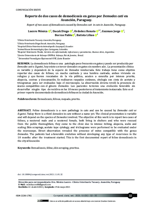 (PDF) Report of two cases of demodicosis caused by Demodex cati in cats ...