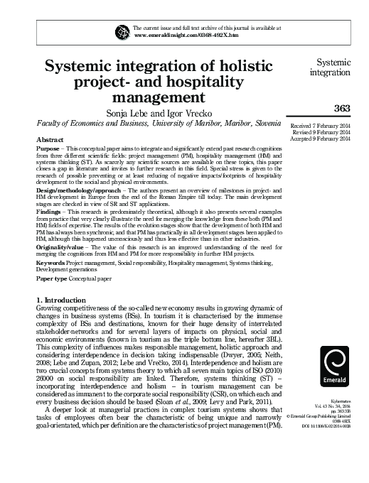 (PDF) Systemic integration of holistic project- and hospitality management