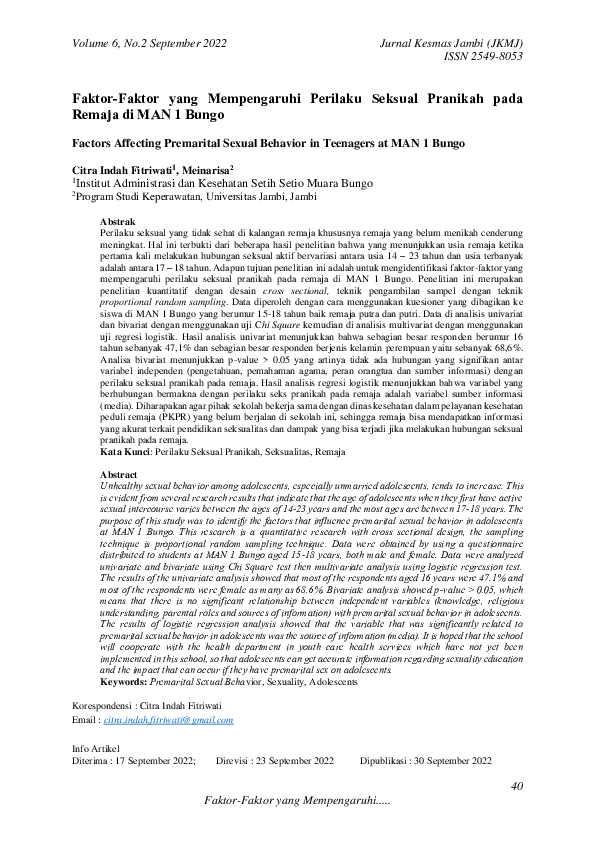 (PDF) FAKTOR-FAKTOR YANG MEMPENGARUHI PERILAKU SEKS PRANIKAH REMAJA KELAS X dan XI DI SMA X KOTA ...