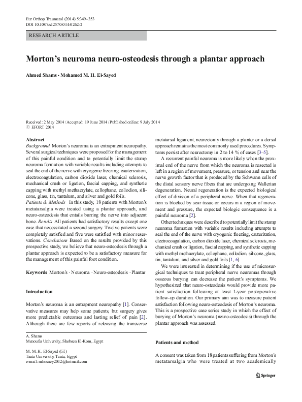 (PDF) Morton's neuroma neuro-osteodesis through a plantar approach