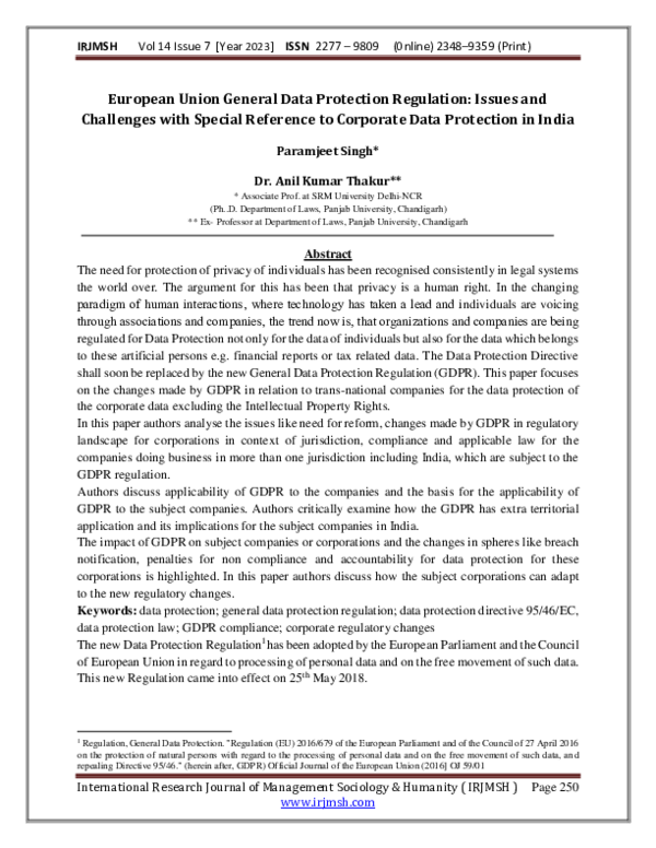 (PDF) European Union General Data Protection Regulation: Issues and ...