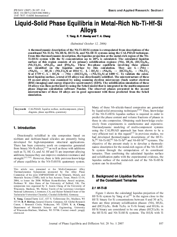 (PDF) Liquid-Solid Phase Equilibria in Metal-Rich Nb-Ti-Hf-Si Alloys | Bernard Bewlay - Academia.edu
