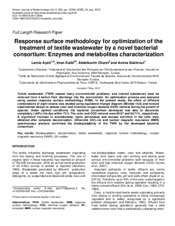 (PDF) Response surface methodology for optimization of the treatment of textile wastewater by a ...