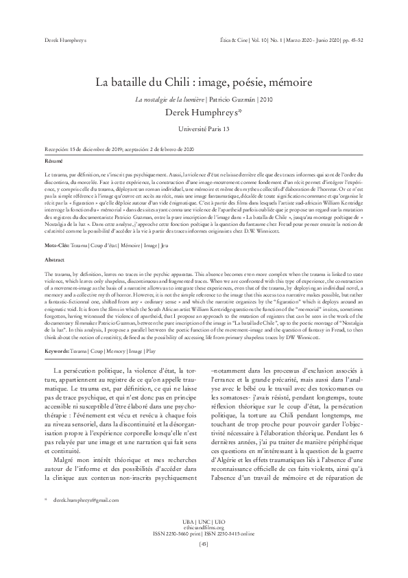 (PDF) The Battle of Chile: image, poetry, memory