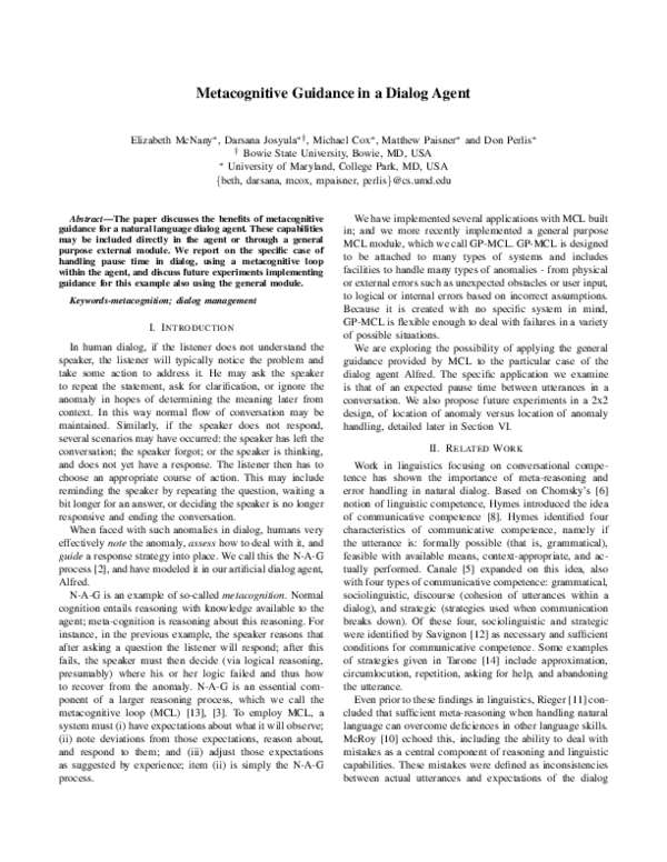 (PDF) Metacognitive Guidance in a Dialog Agent | Michael Cox - Academia.edu