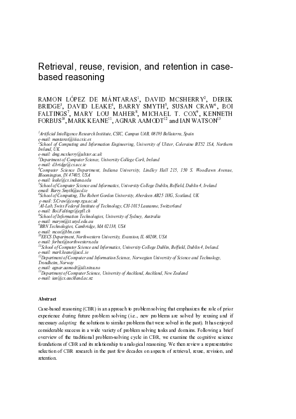 (PDF) Retrieval, reuse, revision and retention in case-based reasoning