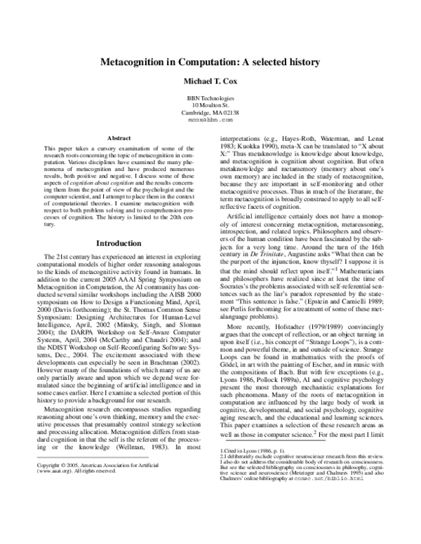 (PDF) Metacognition in computation: A selected history