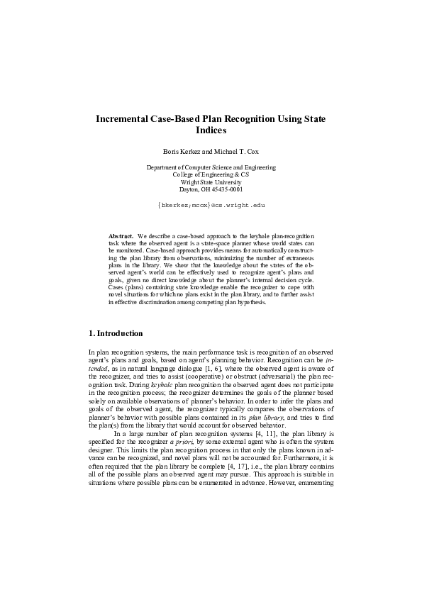 (PDF) Incremental Case-Based Plan Recognition Using State Indices