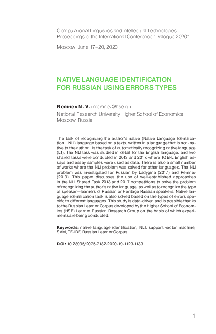 (PDF) Native Language Identification for Russian Using Errors Types
