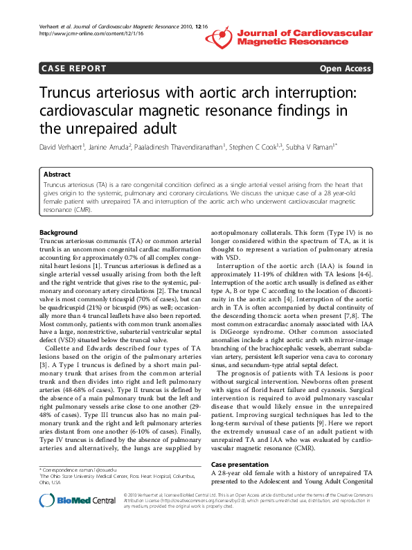(PDF) Truncus arteriosus with aortic arch interruption: cardiovascular magnetic resonance ...