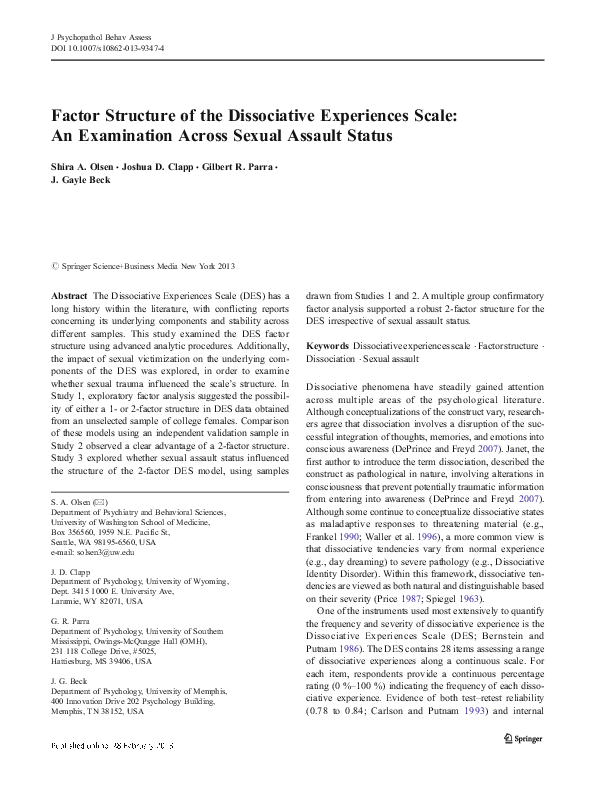 Pdf Factor Structure Of The Dissociative Experiences Scale An