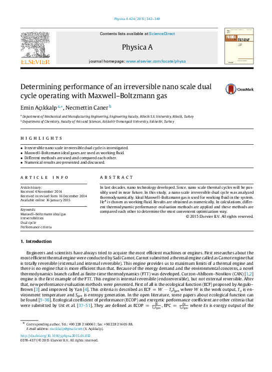 Pdf Determining Performance Of An Irreversible Nano Scale Dual Cycle Operating With Maxwell