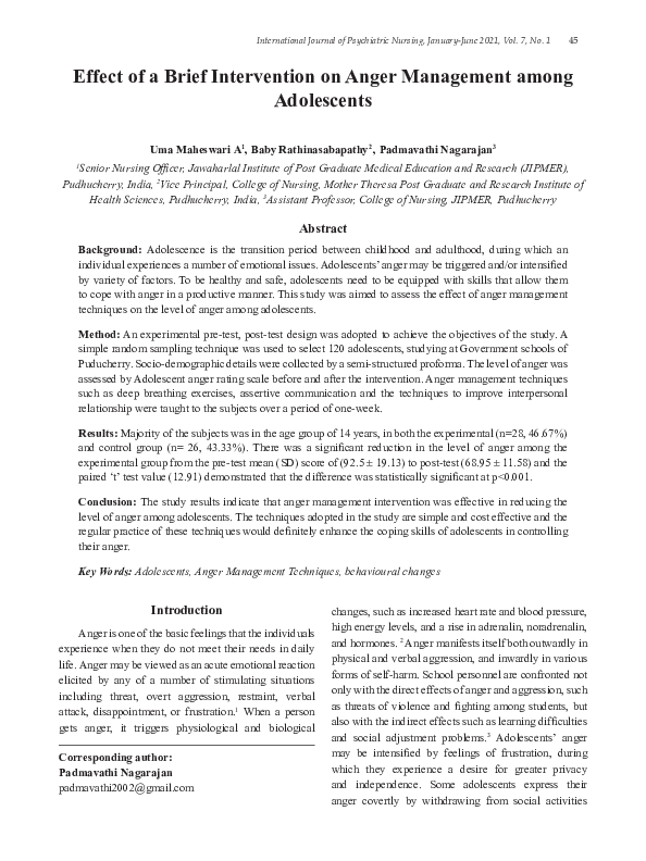 (PDF) Effect of a Brief Intervention on Anger Management among Adolescents