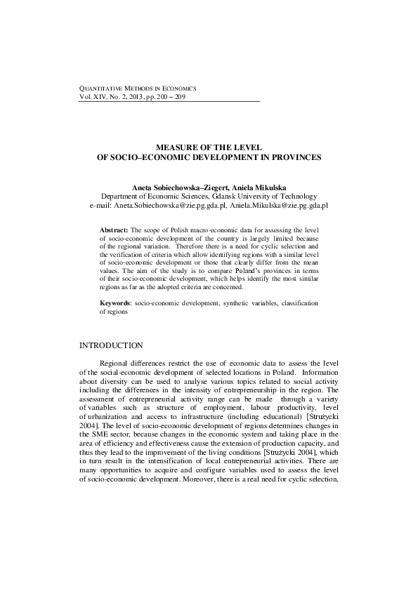 (PDF) Measure of the Level of Socio–Economic Development in Provinces