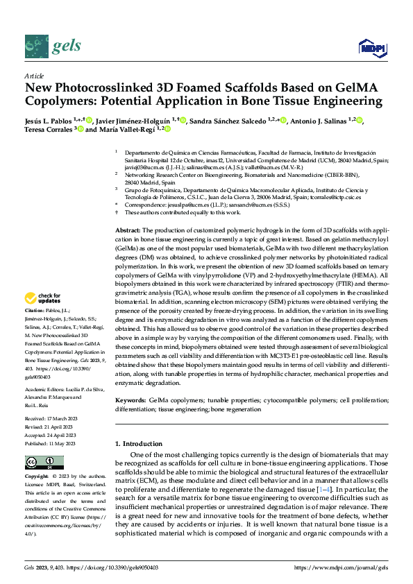 (PDF) New Photocrosslinked 3D Foamed Scaffolds Based on GelMA Copolymers: Potential Application ...
