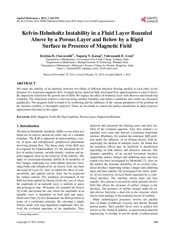 (PDF) Kelvin-Helmholtz Instability in a Fluid Layer Bounded Above by a Porous Layer and Below by ...