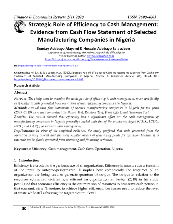 (PDF) Strategic Role of Efficiency to Cash Management | Sunday Alayemi ...