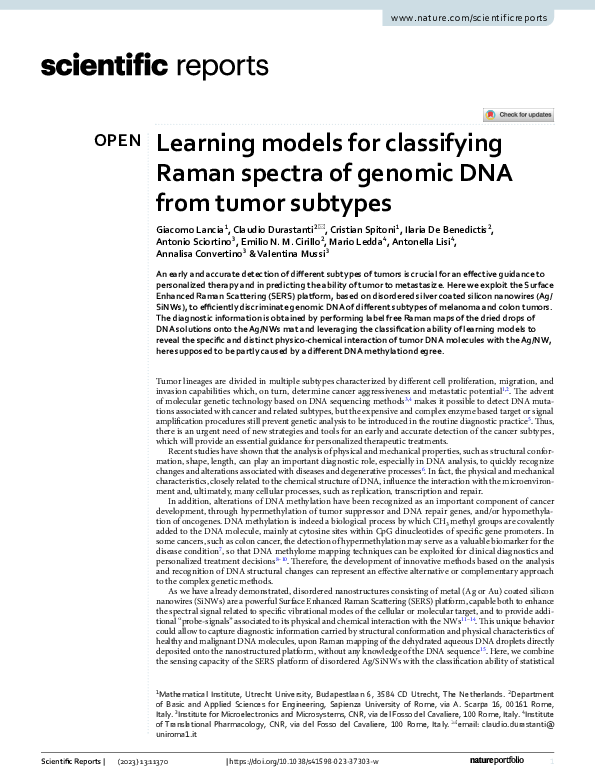 (PDF) Learning models for classifying Raman spectra of genomic DNA from tumor subtypes | Ilaria ...