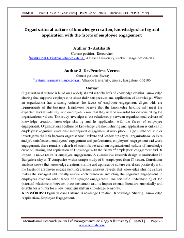 (PDF) Organisational culture of knowledge creation, knowledge sharing and application with the ...