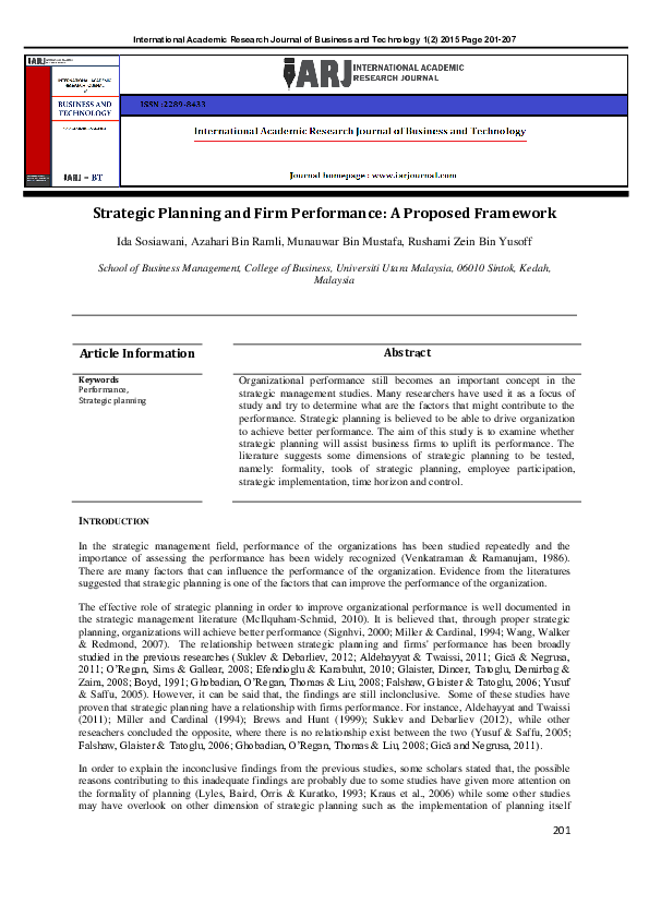 (PDF) Strategic Planning and Firm Performance: A Proposed Framework