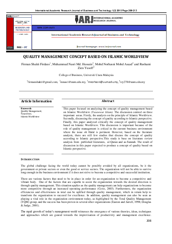 (PDF) Quality Management Concept Based on Islamic Worldview | Rushami ...