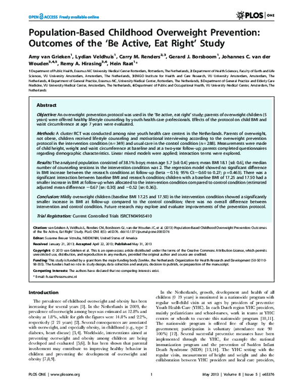 (PDF) Population-Based Childhood Overweight Prevention: Outcomes of the ‘Be Active, Eat Right’ Study