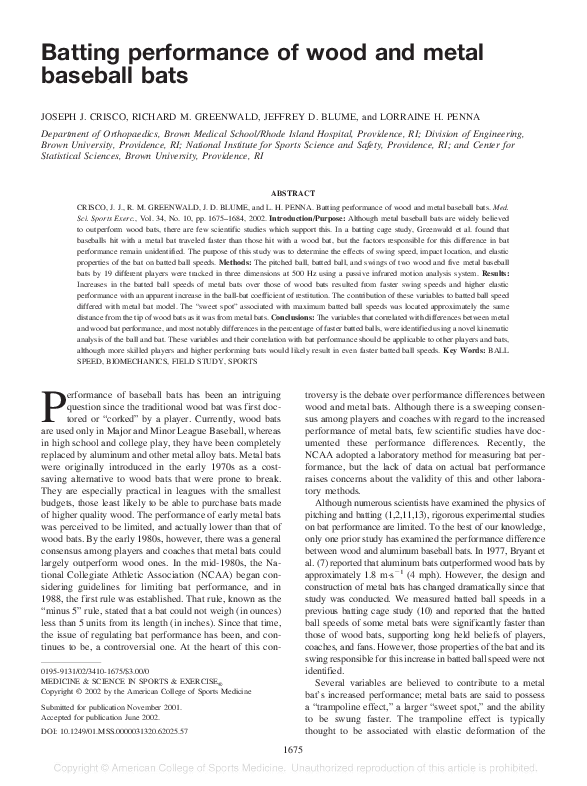 (PDF) Batting performance of wood and metal baseball bats