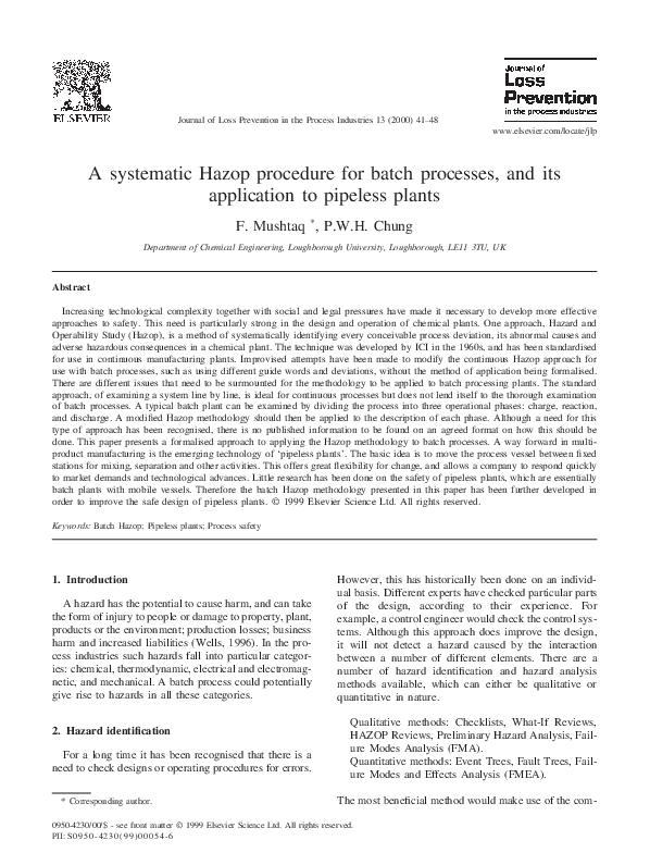 (PDF) A systematic Hazop procedure for batch processes, and its application to pipeless plants