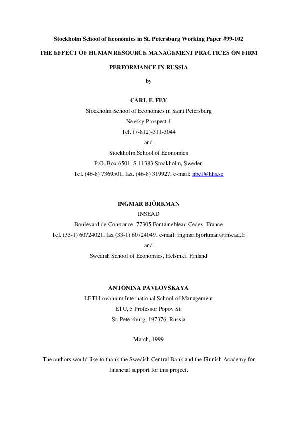 Pdf The Effect Of Human Resource Management Practices On Firm Performance In Russia