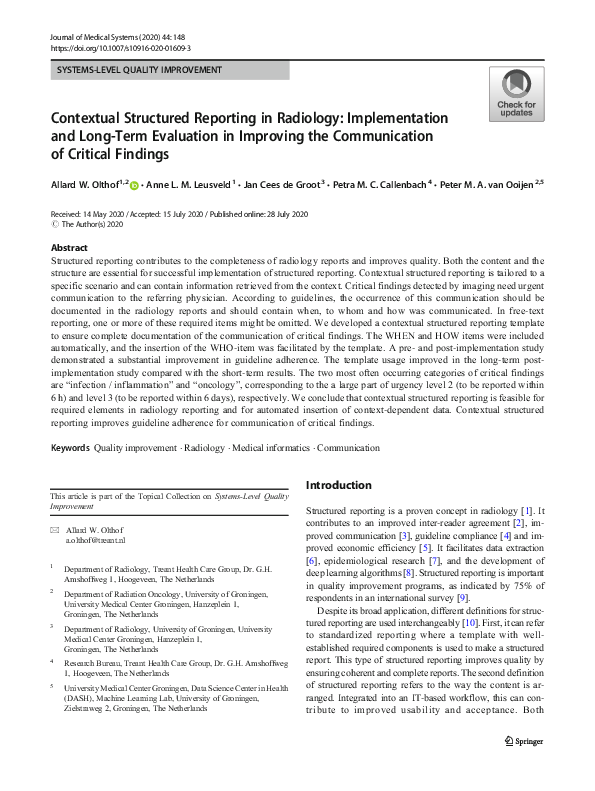 (PDF) Contextual Structured Reporting in Radiology: Implementation and ...