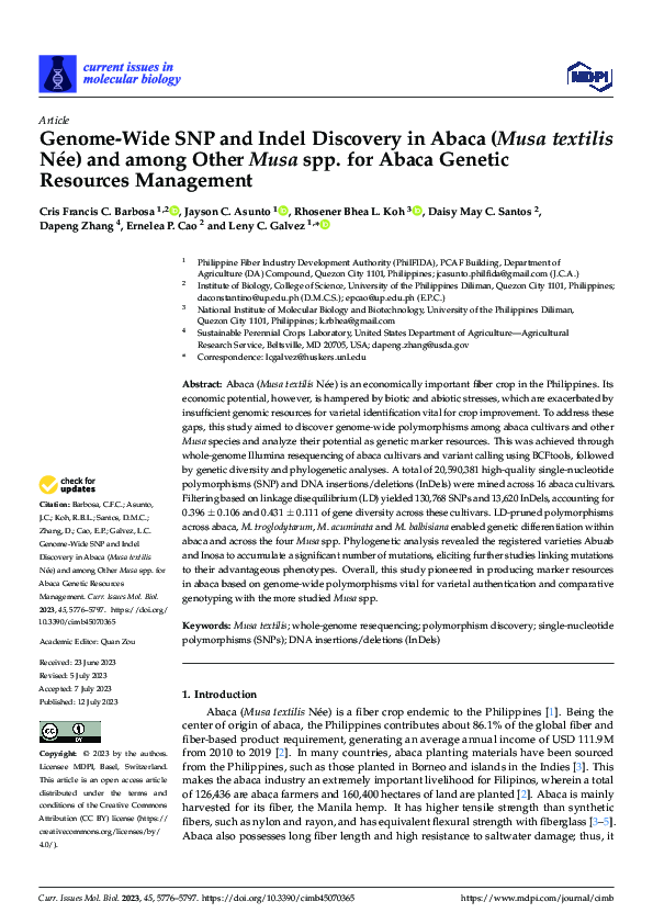 (PDF) Genome-Wide SNP and Indel Discovery in Abaca (Musa textilis Née) and among Other Musa spp ...