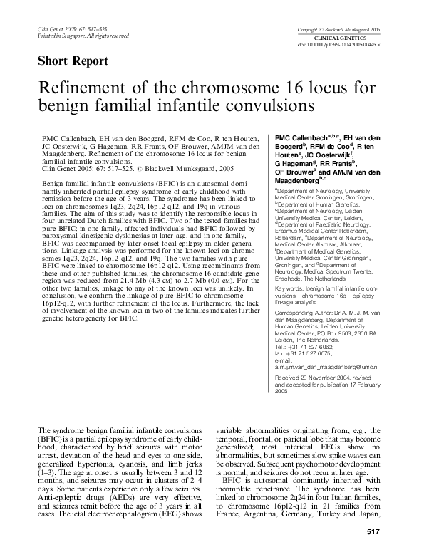 (PDF) Refinement of the chromosome 16 locus for benign familial infantile convulsions | Petra ...