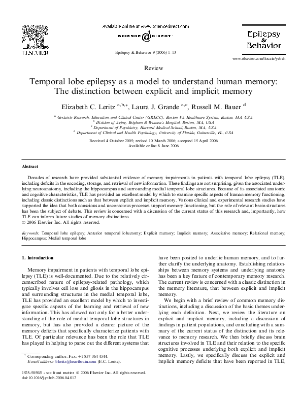 (PDF) Temporal lobe epilepsy as a model to understand human memory: The ...