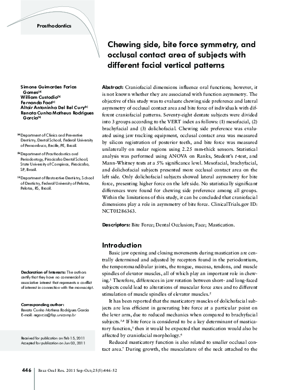(PDF) Chewing side, bite force symmetry, and occlusal contact area of ...