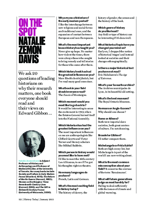 (PDF) Natalie Zemon Davis, “On the Spot,” History Today, vol. 71, no. 1 ...