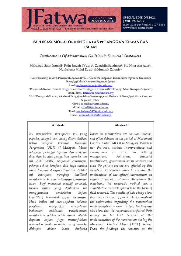 (PDF) Implikasi Moratorium Ke Atas Pelanggan Kewangan Islam | NURFARHANA MOHD DAUD - Academia.edu
