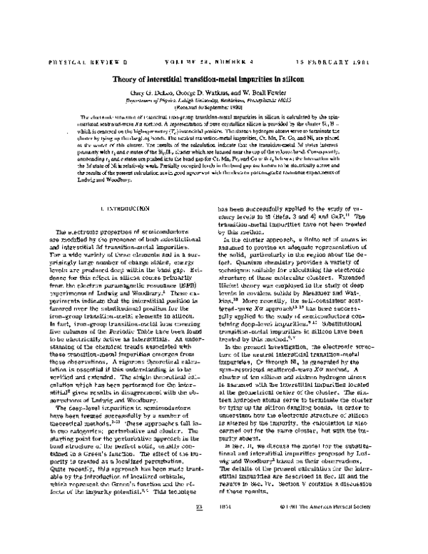 (PDF) Theory of interstitial transition-metal impurities in silicon | Beall Fowler - Academia.edu