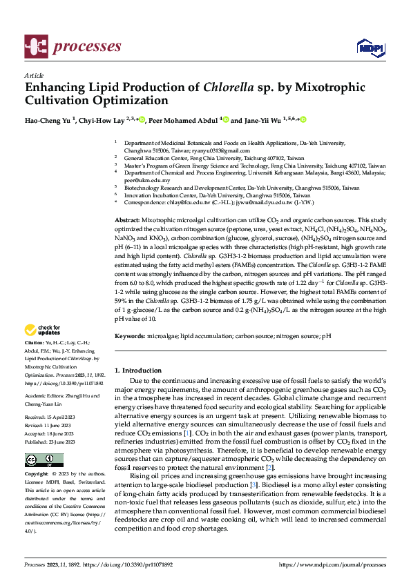(PDF) Enhancing Lipid Production of Chlorella sp. by Mixotrophic Cultivation Optimization