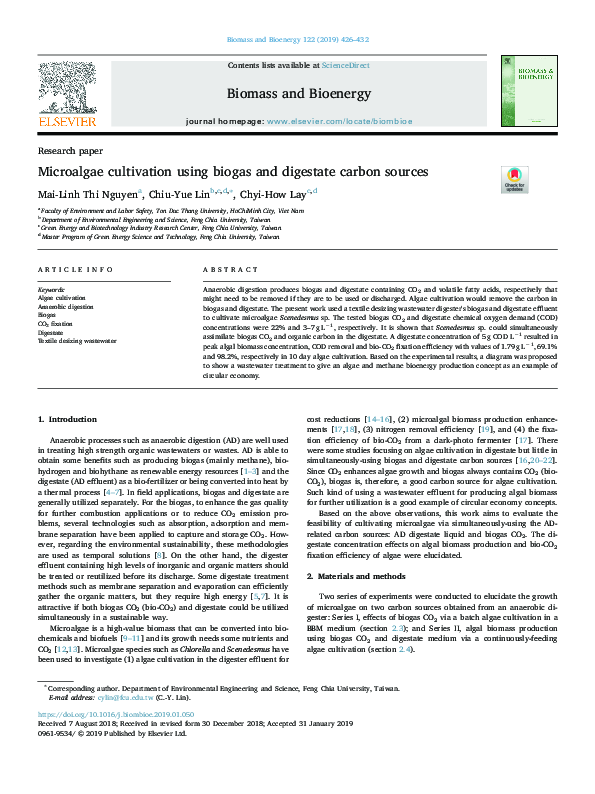 (PDF) Microalgae cultivation using biogas and digestate carbon sources