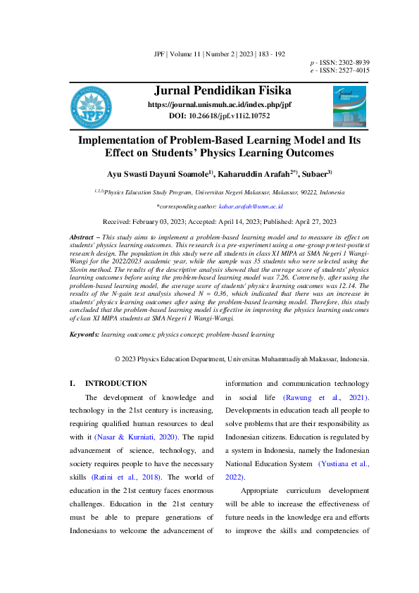 (PDF) Implementation of Problem-Based Learning Model and Its Effect on Students’ Physics ...